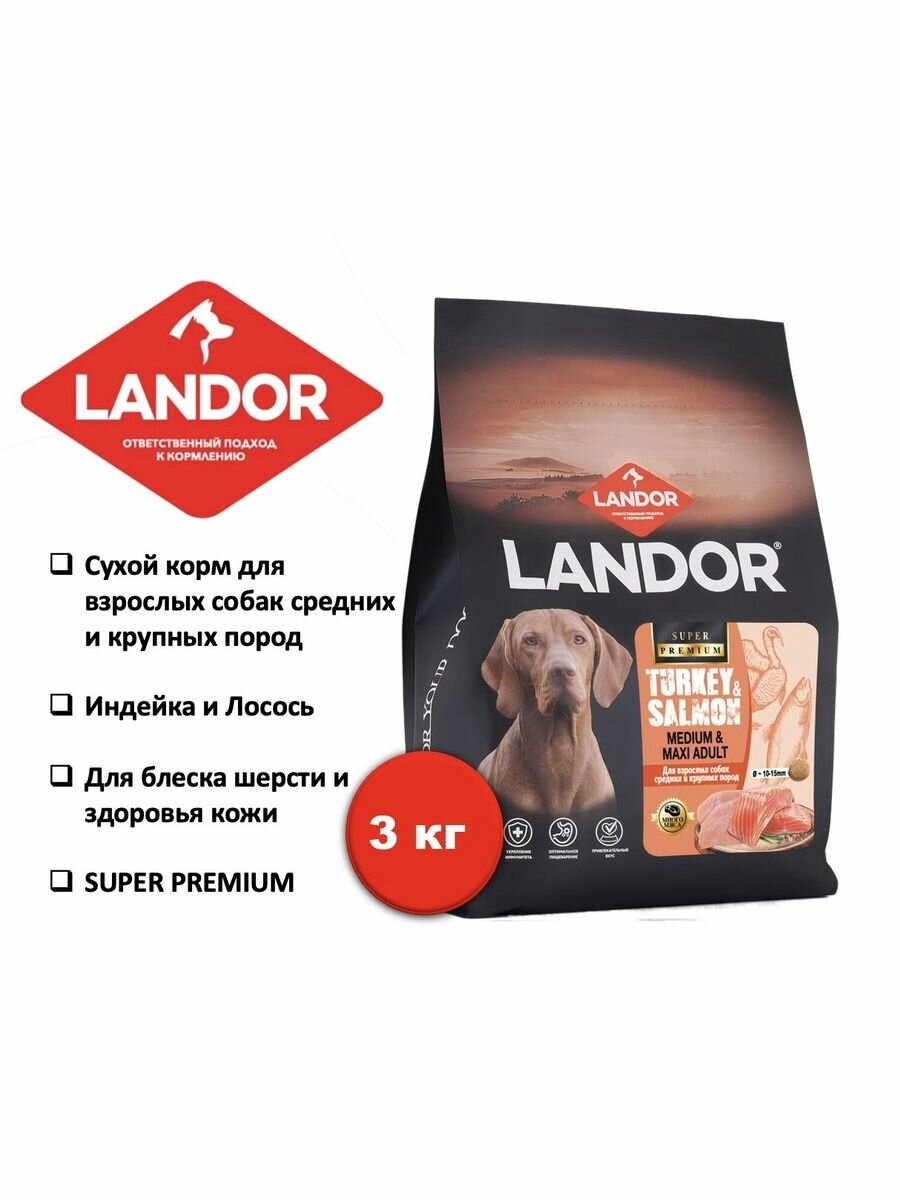 Сухой корм для взрослых собак cредних и крупных пород LANDOR c индейкой и лососем, 3кг