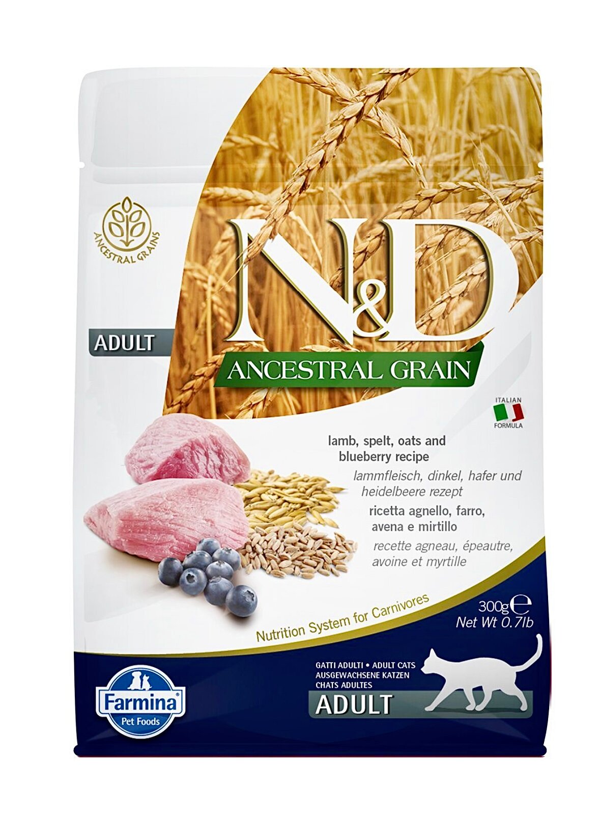 Корм сухой FARMINA ND ANCESTRAL GRAIN CAT Lamb Blueberry Adult для взрослых кошек с ягнёнком, 300г