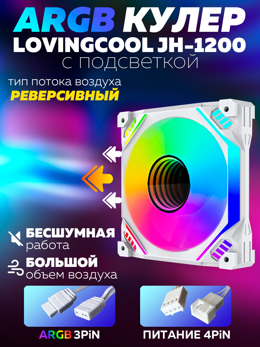 Белый Корпусный вентилятор для Компьютера Кулер Пк Lovingcool JH-1200 120мм ARGB Реверсивный