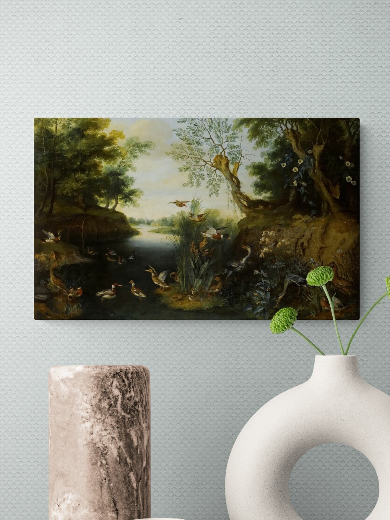 Брейгель Ян Младший "Речной пейзаж с птицами". Картина 50х30 см на стену