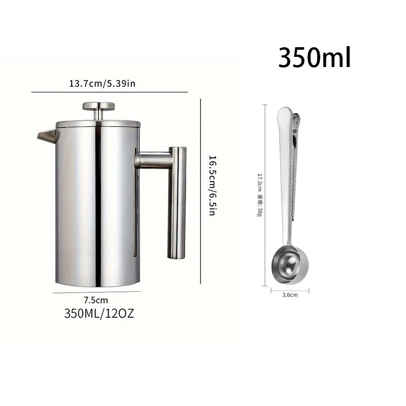Французский пресс из нержавеющей стали, кофеварка с двойными стенками, изолированный френч-пресс, кофейник с кофейной ложкой, домашнее кафе, офисное использование, 350ml-set