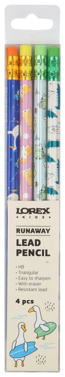 Набор чернографитных карандашей деревянные LOREX KIDS V-TYPE RUNAWAY 4 шт НВ с ластиком, заточенные