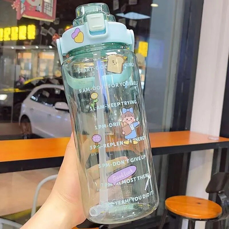 Бутылка для воды "Разметка шкала", с трубочкой, розовый, 2 л