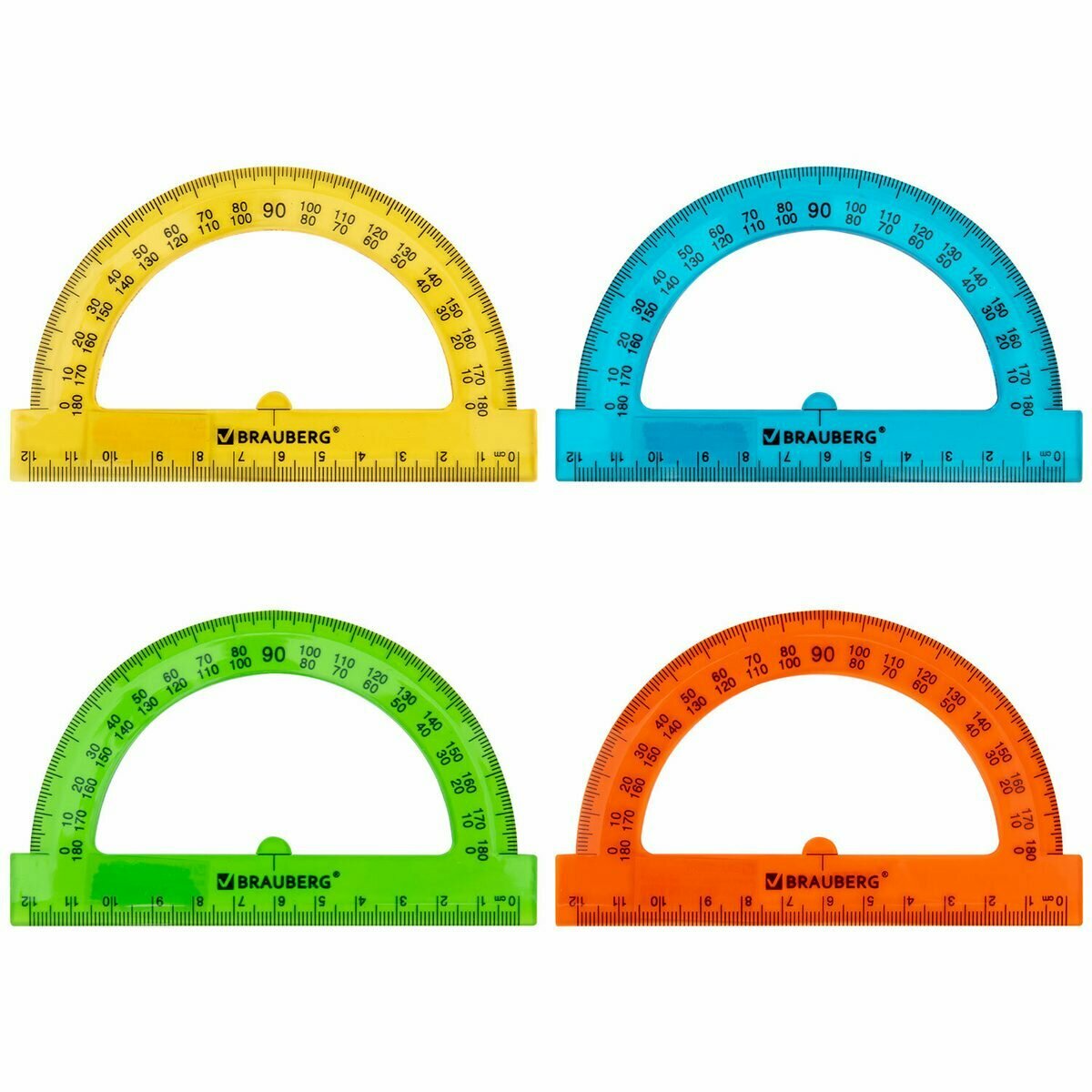 Транспортир 12см, 180° Brauberg, прозрачный, неон (210849)