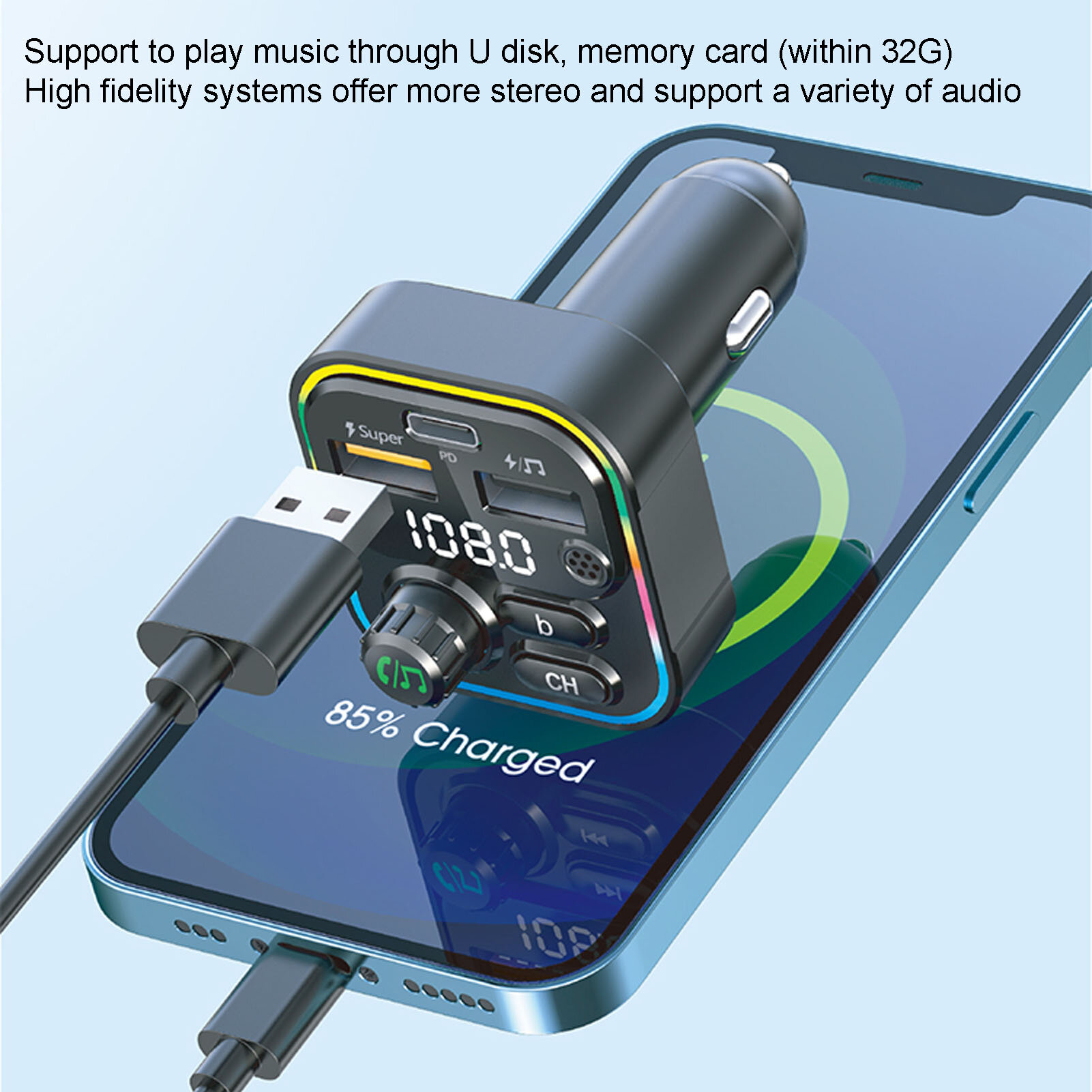 FM-передатчик Bluetooth 5.0 с двойным USB-зарядным адаптером и LED подсветкой для авто, SUV, грузовиков