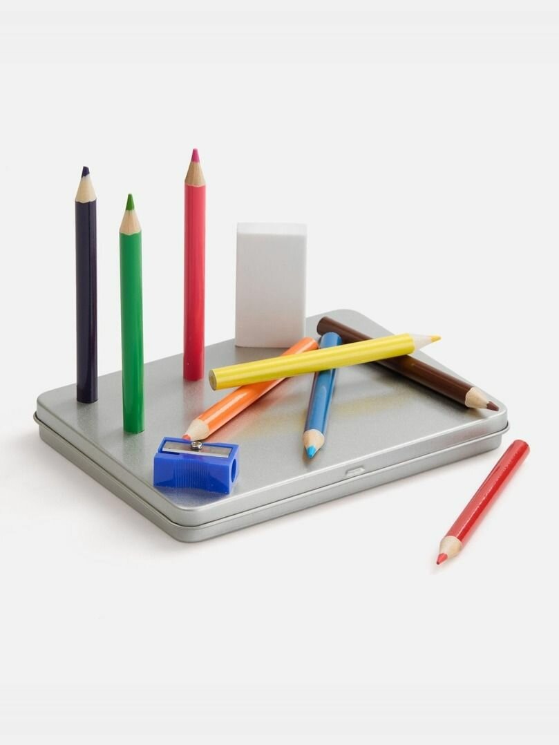 Карандаши цветные набор 8 шт в металлическом кейсе с точилкой и ластиком, в школу в дорогу, для путешествий, Tiny