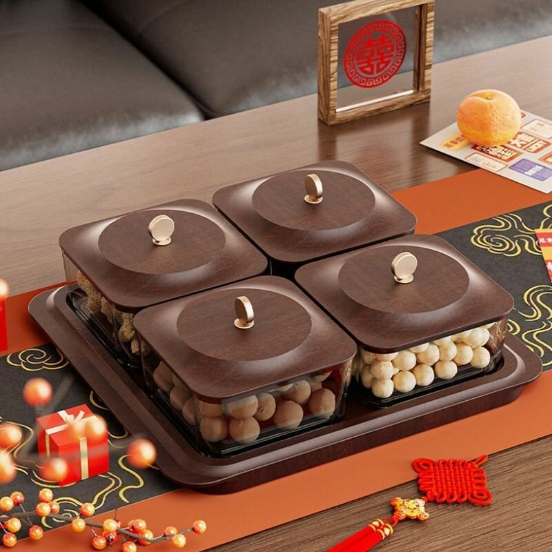 Ретро менажница с крышкой для сухофруктов и орехов большая раздельная тарелка из черного дерева и латуни для дома, банкетов и офиса