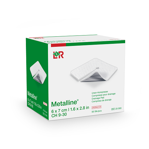 Повязка Metalline (Металлинэ) металлизированная стерильная для дренажей (диаметр отверстия 4.5-11мм), 6х7см, 50шт, 23093
