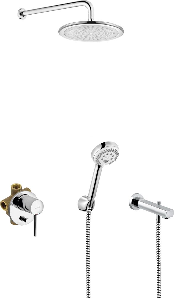 Душевой комплект Kludi Bozz 386310576 5 в 1, встраиваемый, с внутренней частью в комплекте, со смесителем, с изливом, с тропическим душем, латунный, хром, глянцевый, душевая система