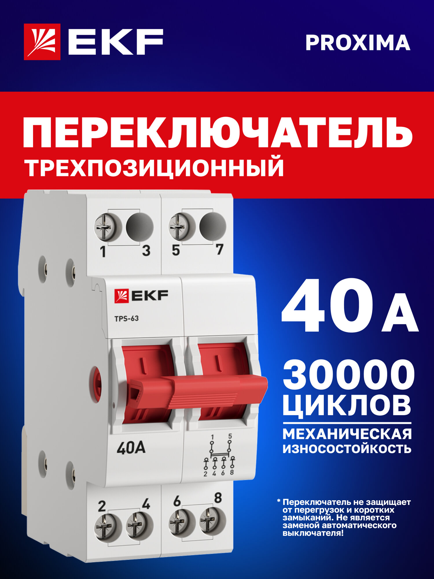 Трехпозиционный переключатель 40А EKF PROXIMA ТПС-63 двухполюсный 2P модульный - реверсивный рубильник для ввода резерва