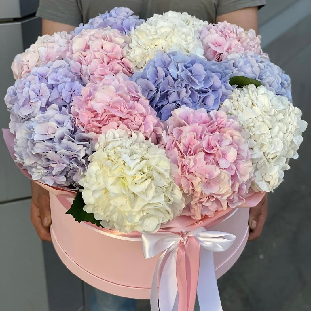 Букет из разноцветных гортензий 13 шт в шляпной коробке, красивый букет цветов, шикарный, премиум цветы, премиум букет