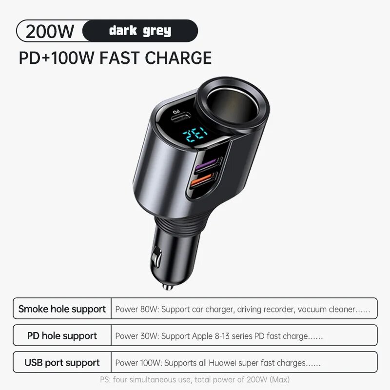 Автомобильное зарядное устройство 200 Вт, быстрая зарядка, дисплей напряжения, USB 100 Вт, PD 30 Вт, 4 в 1, двойной 12 В/24 В, разветвитель прикуривателя, адаптер питания, Dark Gray