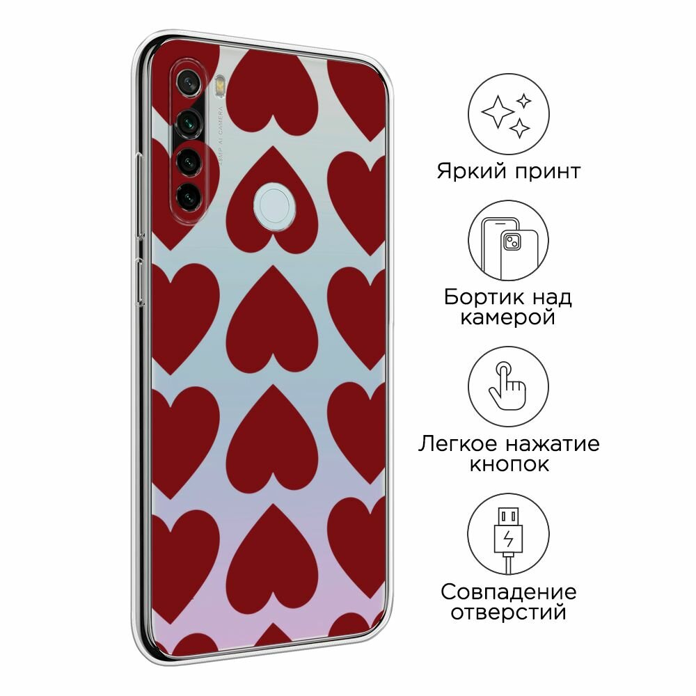 Чехол на Xiaomi Redmi Note 8T / Сяоми Редми Нот 8Т с принтом "Ряды сердечек паттерн - 14 февраля", прозрачный — фото 1
