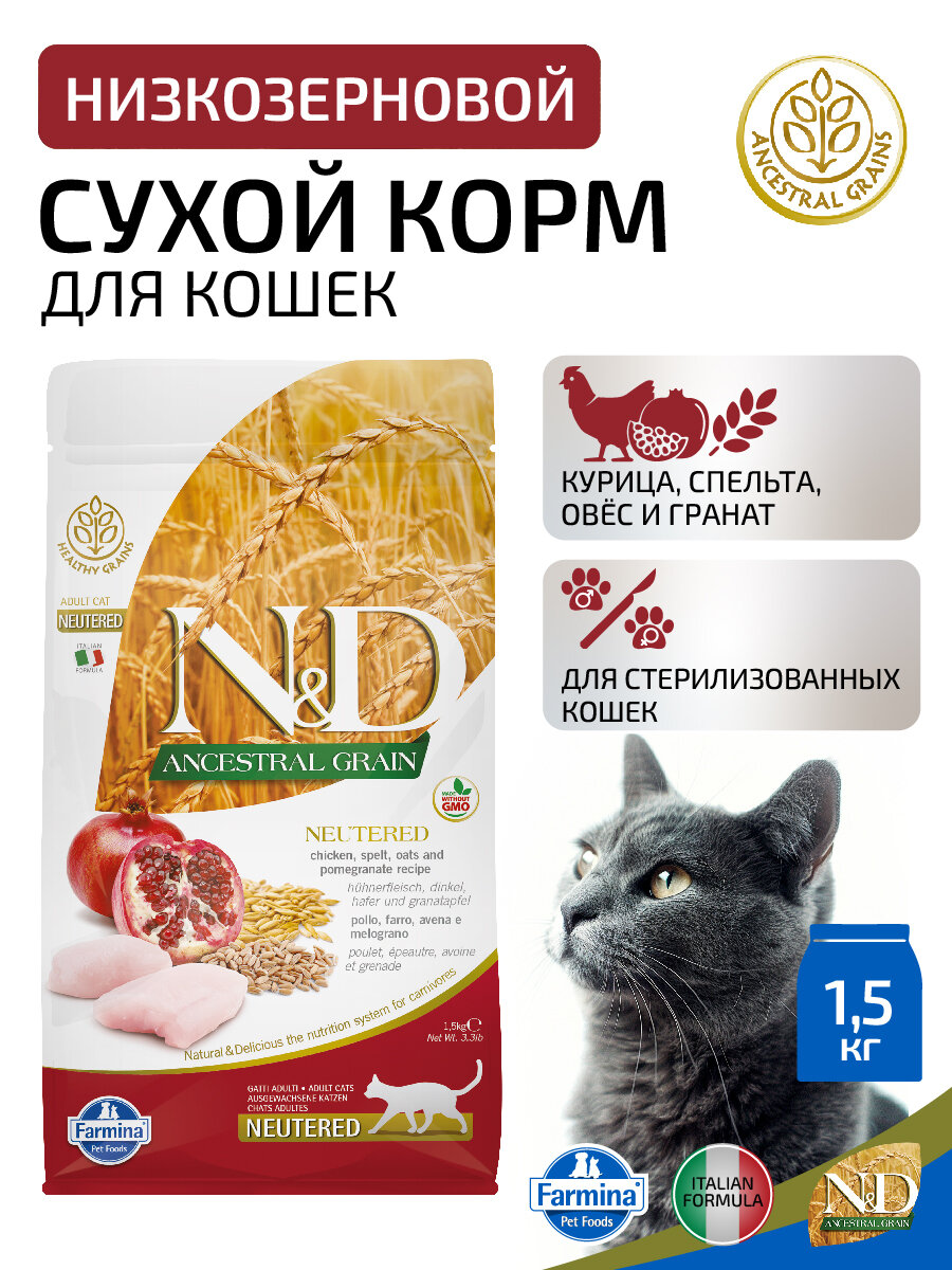 Сухой низкозерновой корм для стерилизованных кошек Farmina N&D Ancestral Grain Neutered, курица и гранат, 1,5 кг. Срок годности 25.06.26г.