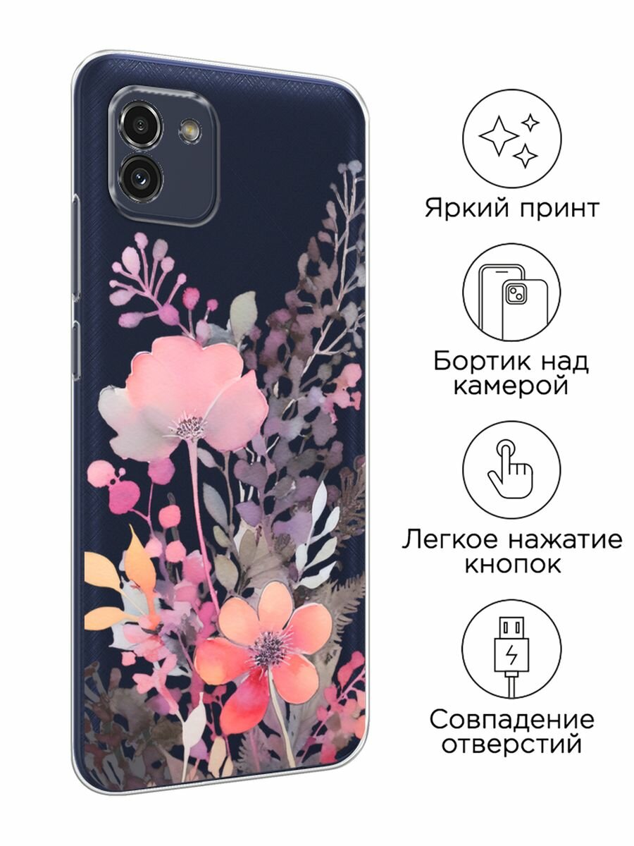 Чехол на Samsung Galaxy A03 / Самсунг Галакси А03 с принтом "Лиловые полевые цветы", прозрачный — фото 1