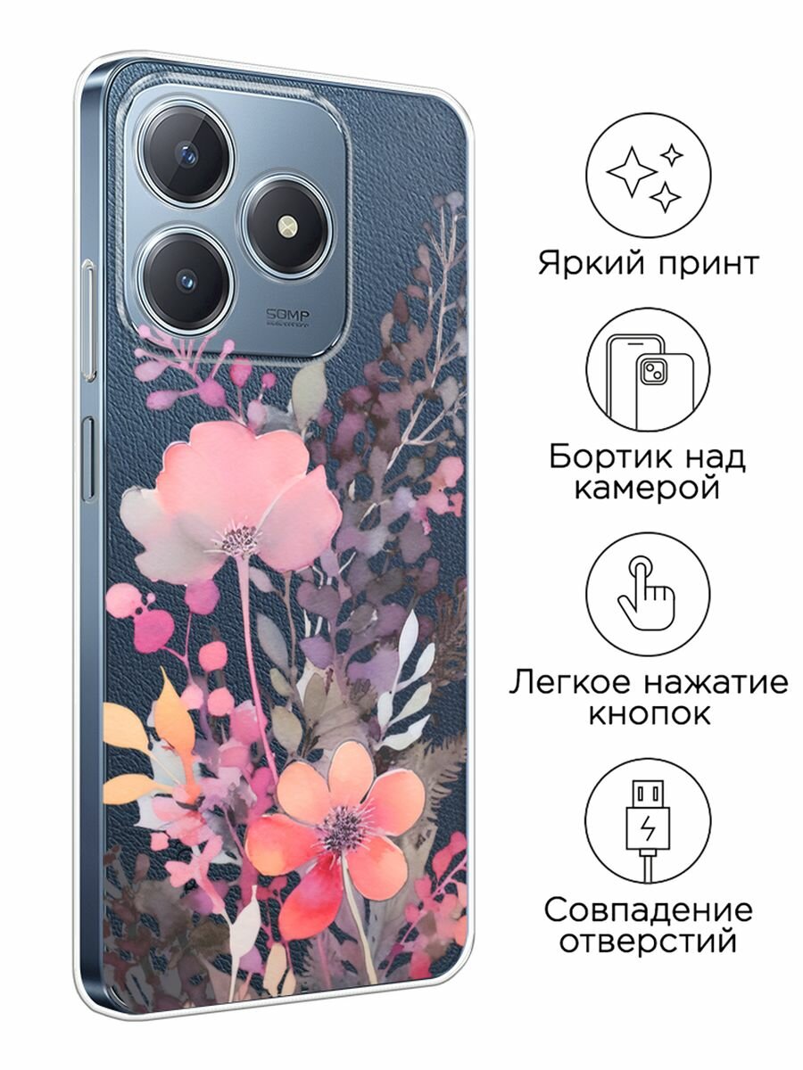 Чехол на Realme C63 / Реалми С63 с принтом "Лиловые полевые цветы", прозрачный — фото 1