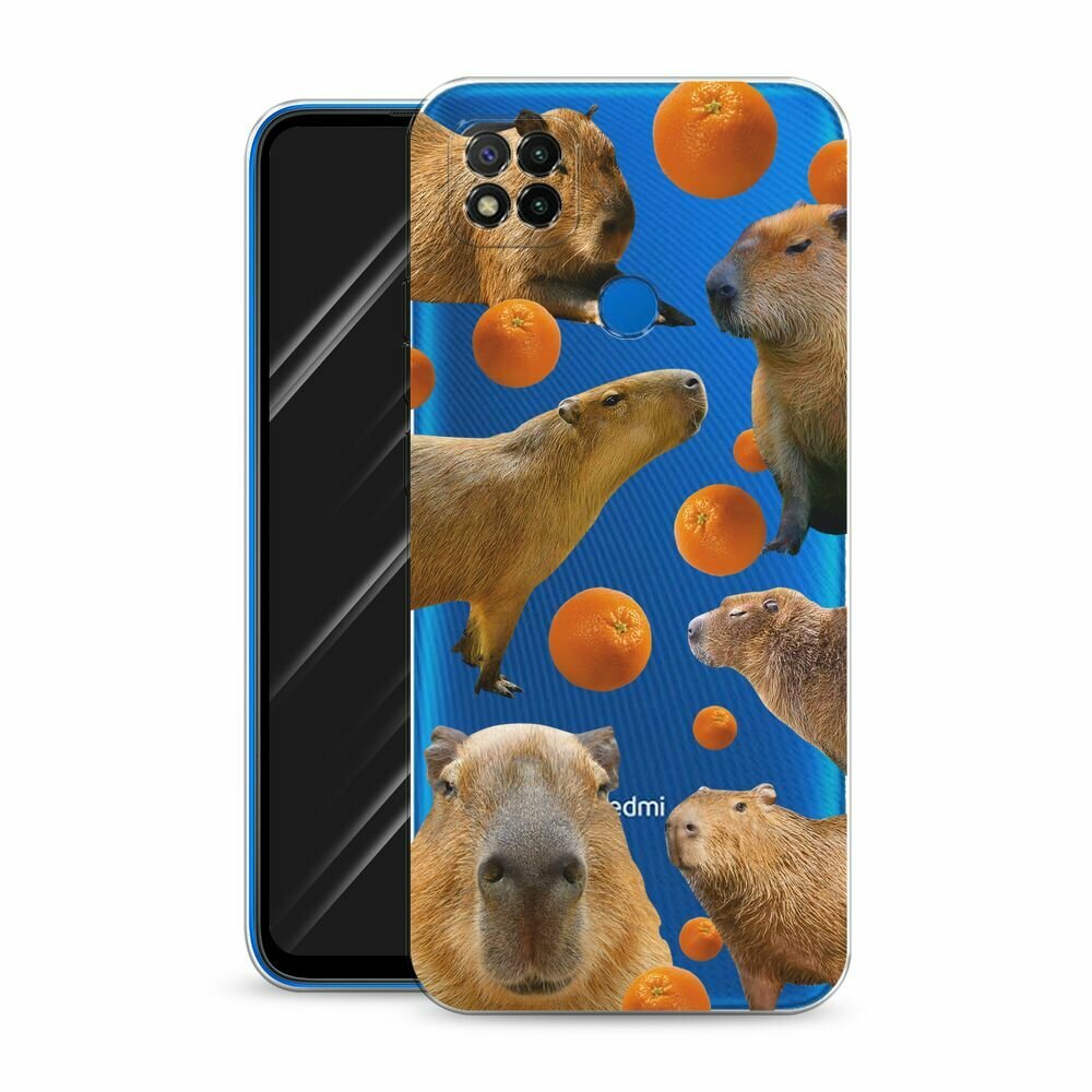 Чехол на Xiaomi Redmi 9C / Сяоми Редми 9C с принтом "Капибара и апельсины", прозрачный — фото 1