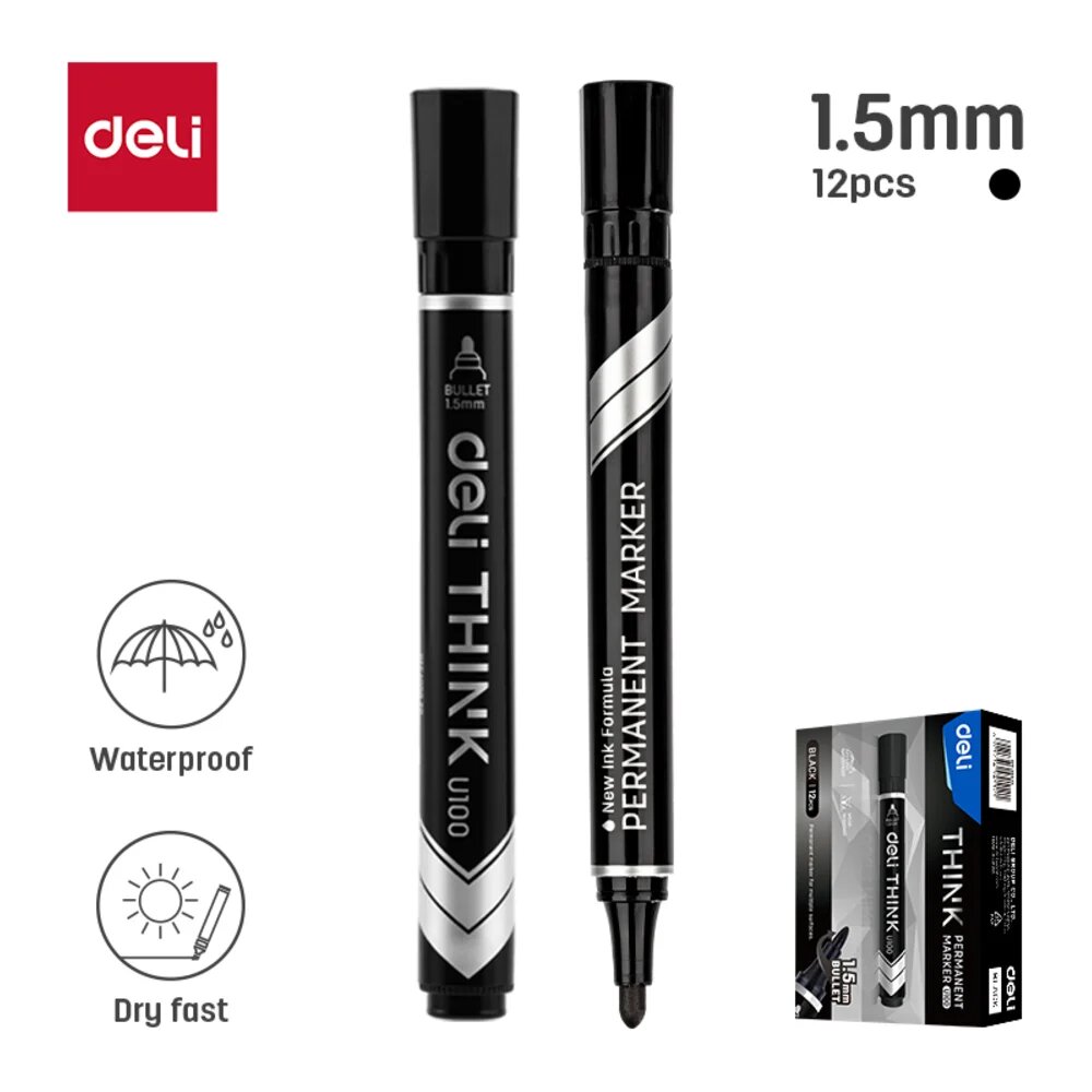 Маркер DELI перманентный Think круглый пиш. наконечник 1.5мм черный, для письма на различных поверхностях