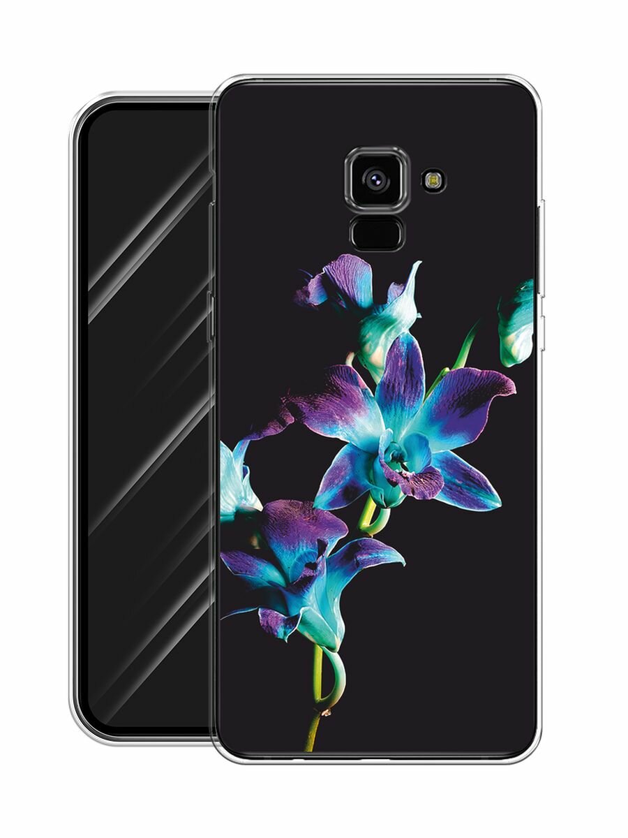 Чехол на Samsung Galaxy A8 + / Самсунг Галакси А8 Плюс 2018 с принтом "Синий цветок на черном" — фото 1