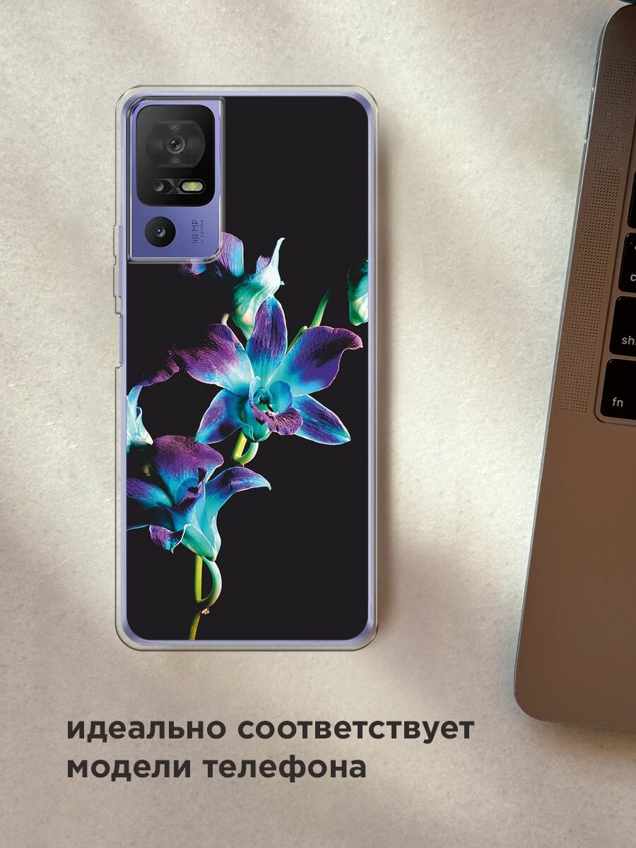 Чехол на TCL 40 SE / ТСЛ 40 SE с принтом "Синий цветок на черном" — фото 1