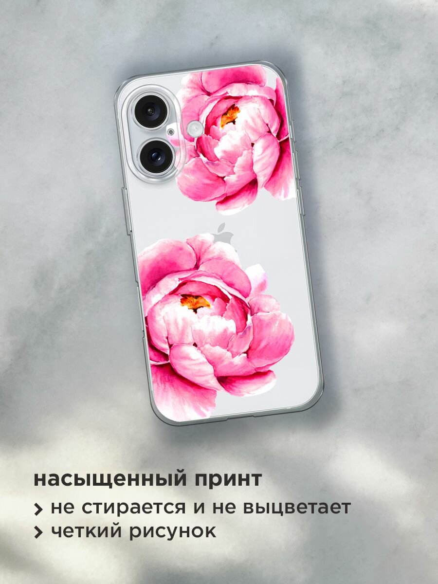 Чехол на Apple iPhone 16 / Айфон 16 с принтом "Open peonies", прозрачный — фото 1