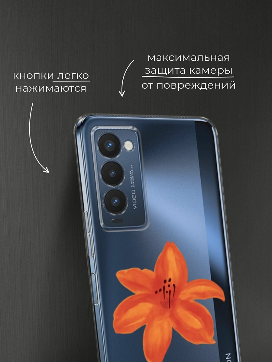 Чехол на Tecno Camon 18P / Техно Камон 18Р с принтом "Оранжевый цветок", прозрачный — фото 1