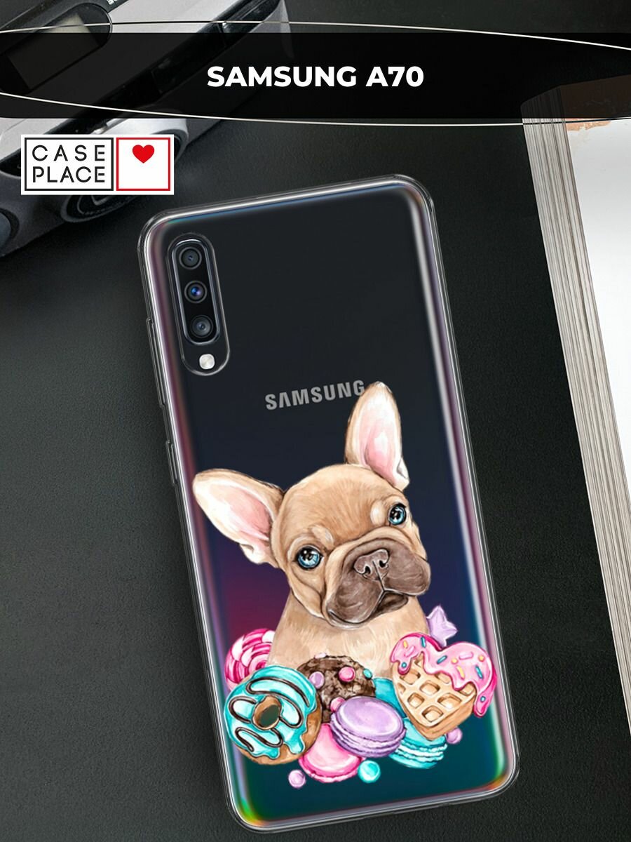Чехол на Samsung Galaxy A70 / Самсунг Галакси А70 с принтом "Бульдог и сладости", прозрачный