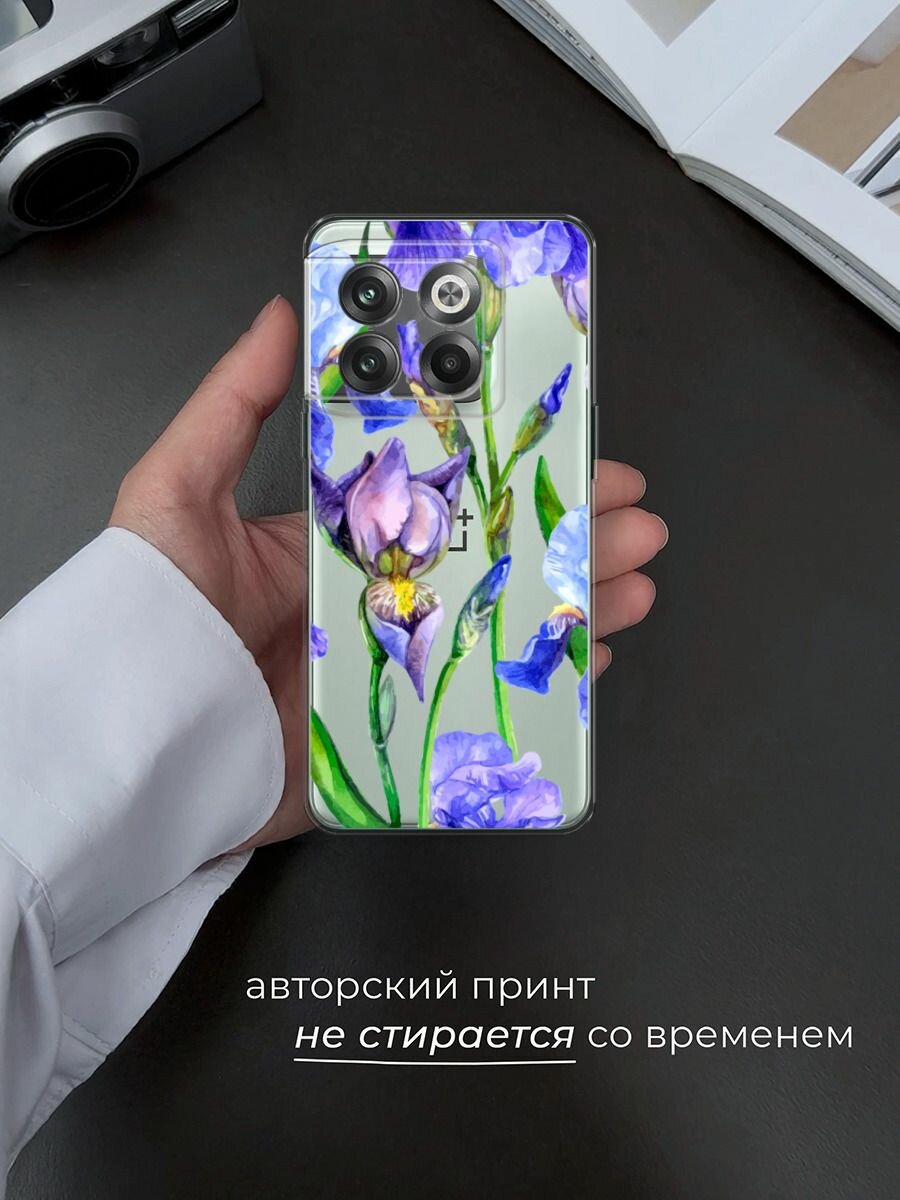 Чехол на OnePlus 10T / Ван плюс 10T с принтом "Синие ирисы", прозрачный — фото 1