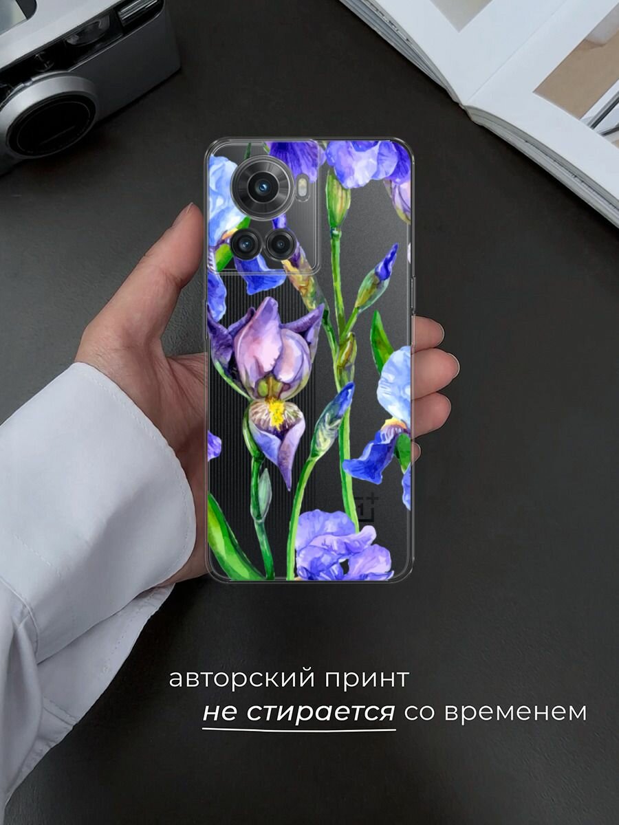 Чехол на OnePlus 10R/Ace / Ван Плас 10R/Ace с принтом "Синие ирисы", прозрачный — фото 1
