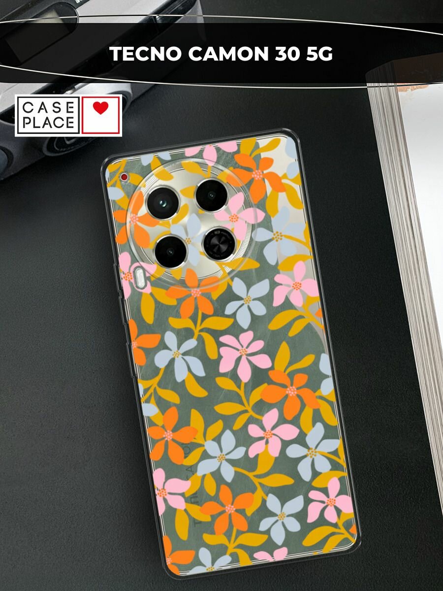 Чехол на Tecno Camon 30 5G / Текно Камон 30 5G с принтом "Оранжевые цветочки", прозрачный