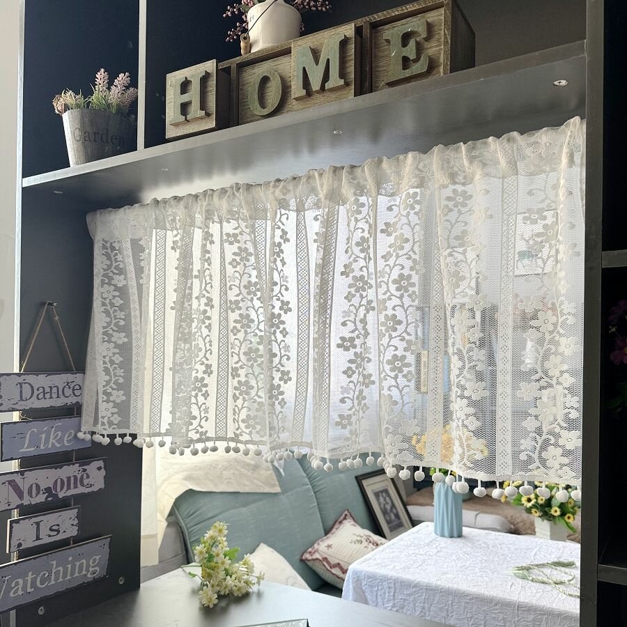 Штора штора-кафе 90х45 см，Белая кружевная короткая занавеска, занавеска на кухонной двери