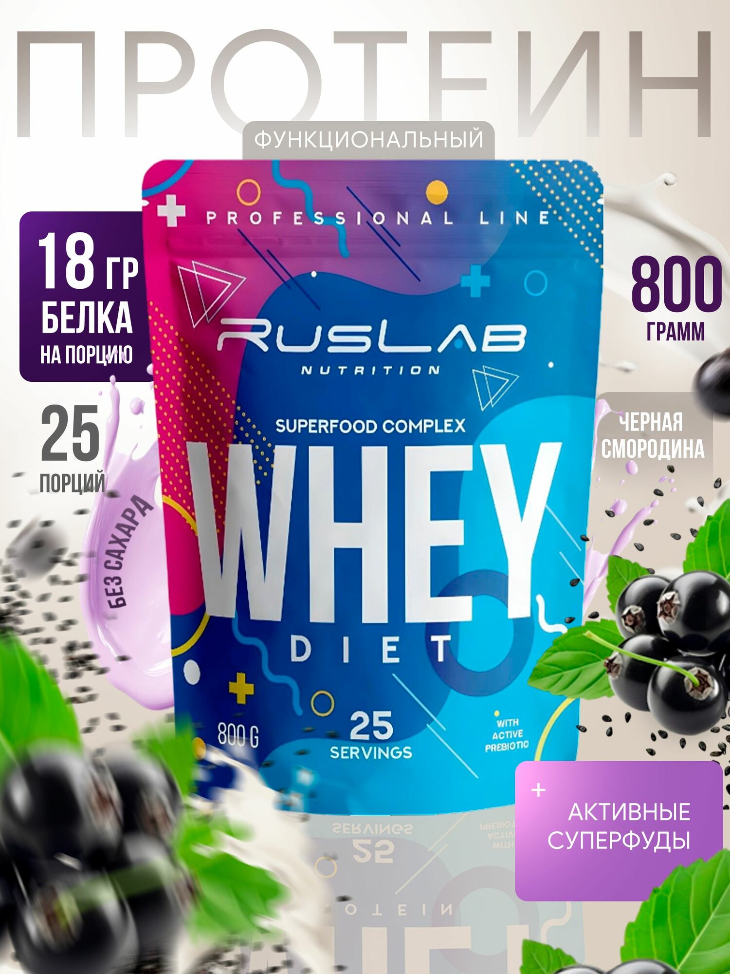 WHEY DIET протеин сывороточный/белковый коктейль для похудения/заменитель пищи (800 гр), черная смородина