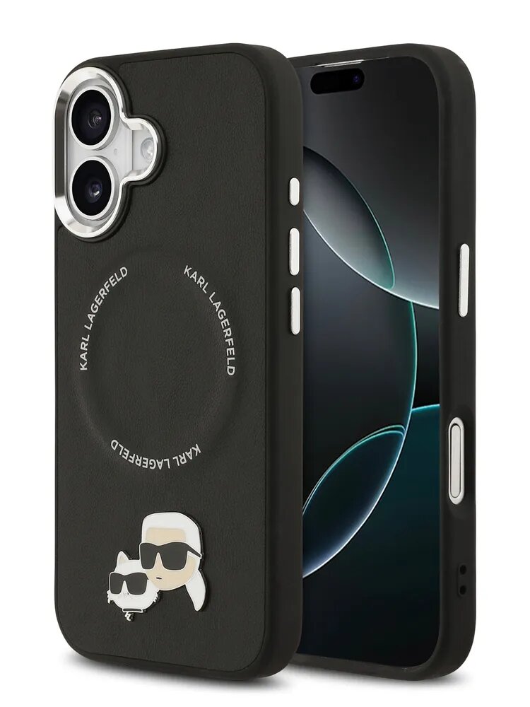 Karl Lagerfeld чехол с MagSafe для iPhone 17, PU кожа с метал. значком NFT Karl & Choupette heads, черный