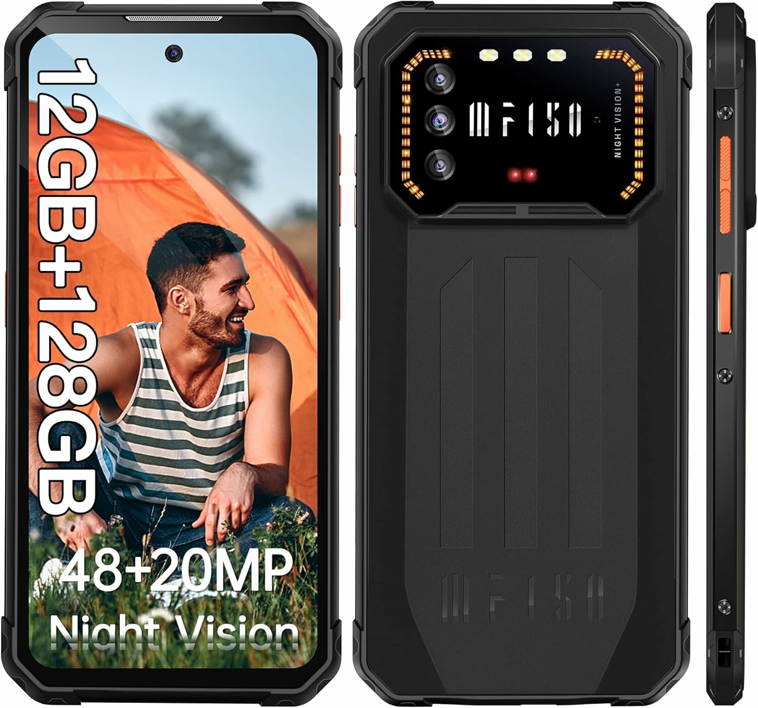 Защищённый смартфон IIIF150 Air1 Pro, 12 ГБ + 128 ГБ, 6,5-дюймовый Full HD-дисплей, 48 МП, 20 МП с функцией ночного видения, 5000 мА·ч, Android 12, 4G, две SIM-карты, NFC/Face ID/GPS, IP68/69K, чёрный