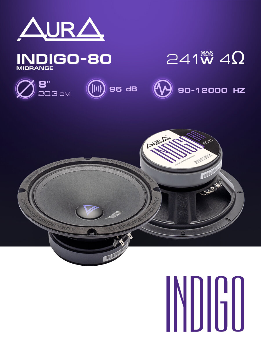 Колонки автомобильные эстрадная акустика AurA INDIGO-80/ диаметр 20 см, 241 Вт, 4 Ом