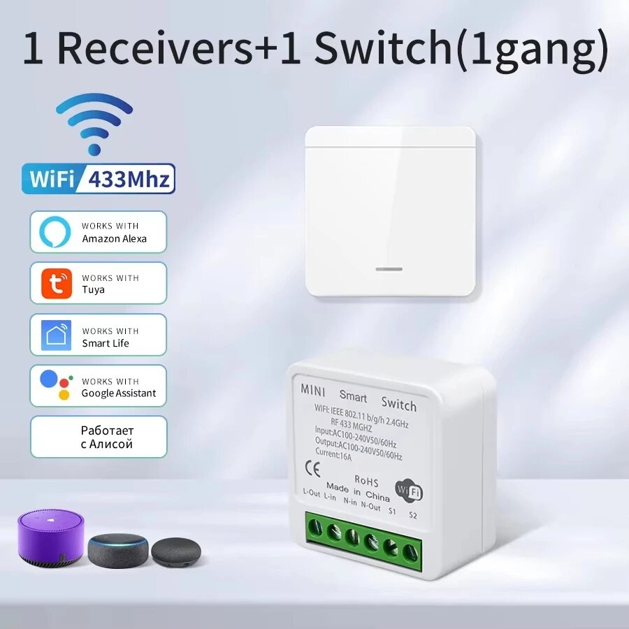 Беспроводной выключатель света Wi-Fi Tuya 1gang, 433MHz, Цвет: 1Receiver 1Switch