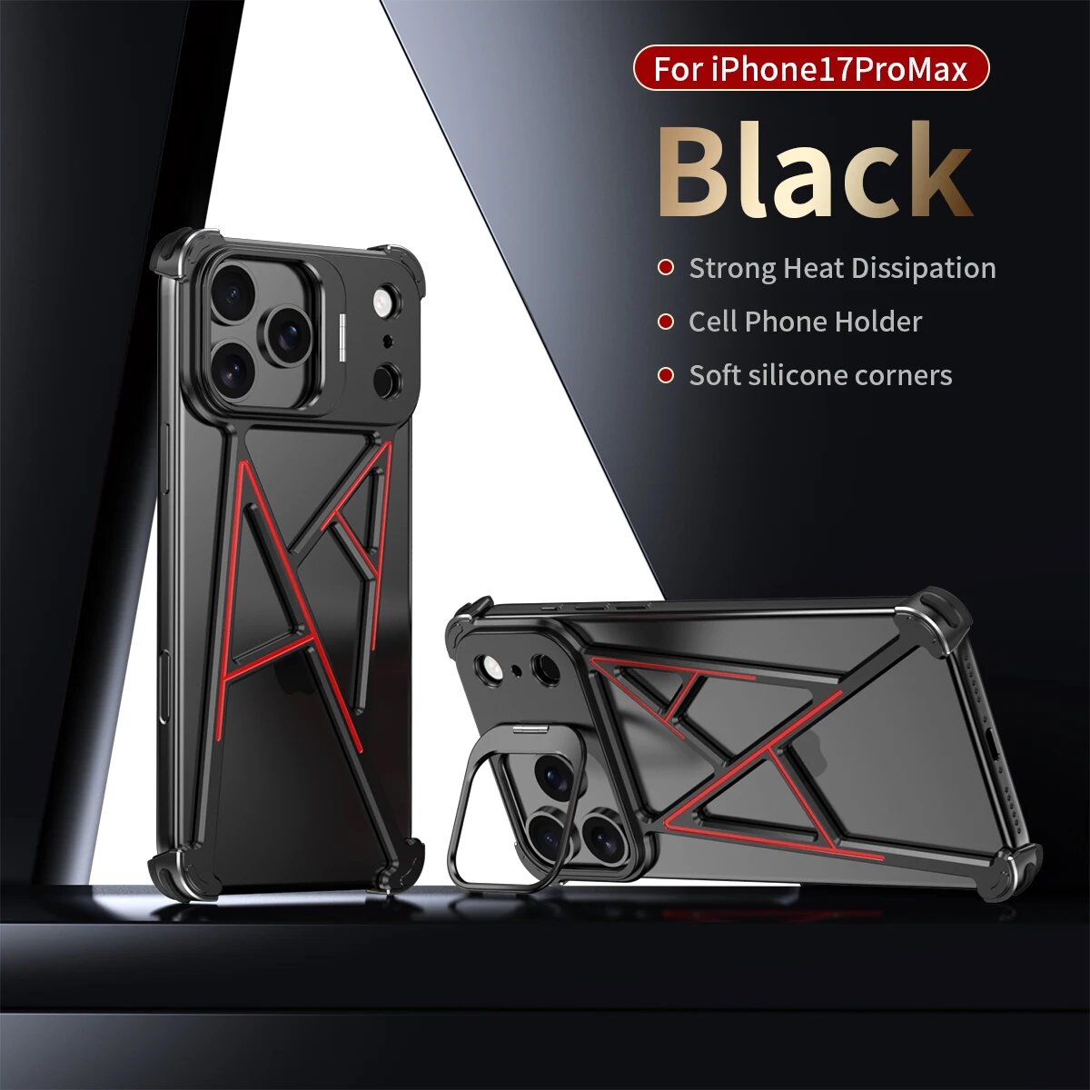 Чехол для телефона из настоящего сплава металла A-типа с полым рассеиванием тепла для iPhone 17, 16, 15, 14 Pro Max, держатель объектива, противоударный защитный чехол Айфон 16 Про, Black Red