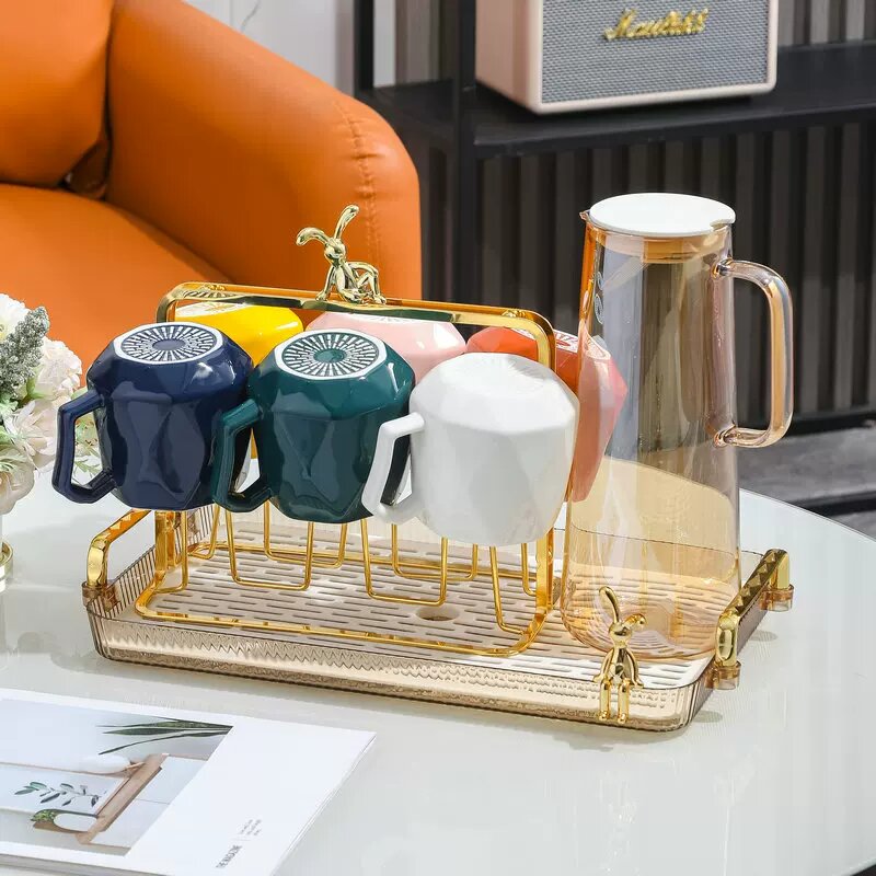 Комплект керамических чашек с янтарным подносом, подставкой в виде кролика и янтарным чайником - 6 штук