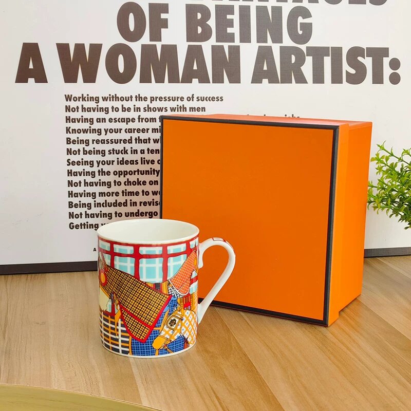 Набор из кружки и блюдца H brand: изысканная кружка из костяного фарфора в клетку для кофе и чая, подарок на свадьбу