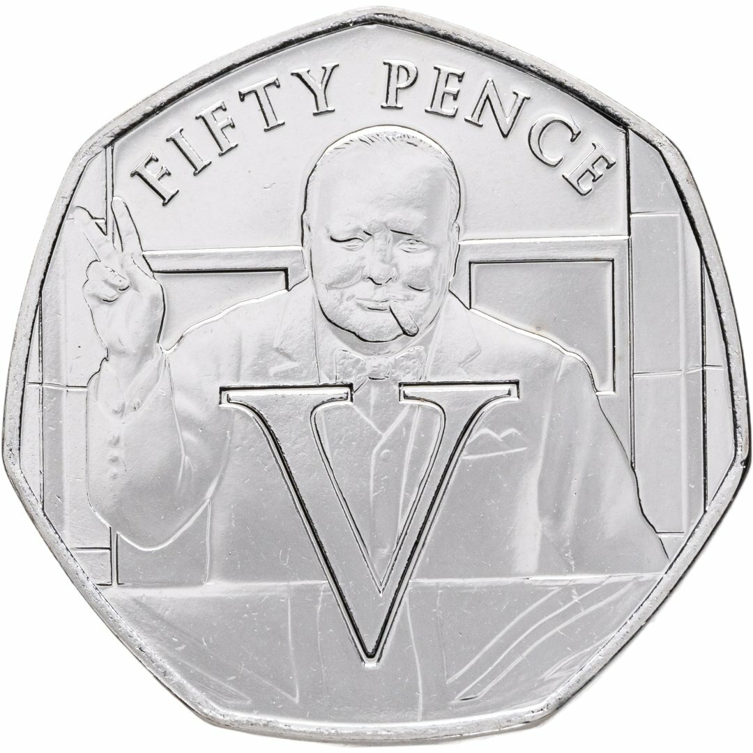 Остров Мэн 50 пенсов 2020 "75 лет Дню победы в Европе, буква V", Мельхиор медь-никель, в сохранности BUNC