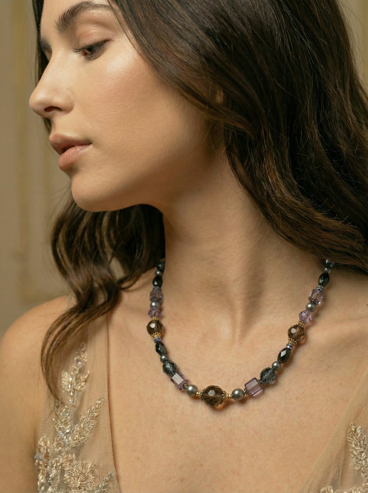 Бусы, александрит синтетический, агат, жемчуг культивированный