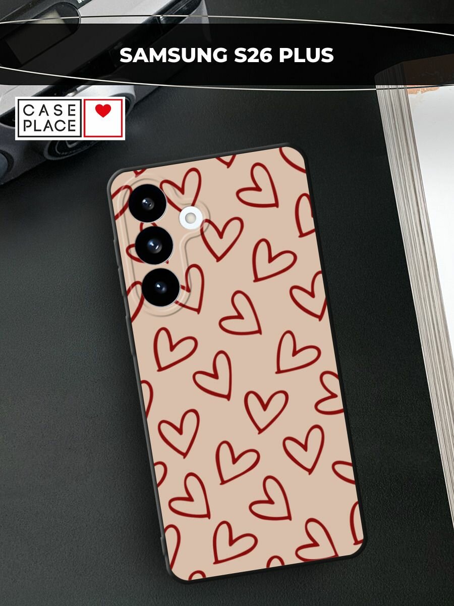 Черный матовый чехол на Samsung Galaxy S26 Plus / Самсунг Галакси S26 Плюс с принтом Little hearts doodles 1