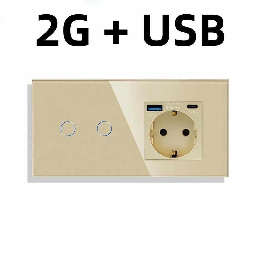 Сенсорный Выключатель двухклавишный с розетками с USB и type-C ,1 клавиша 1 розетки, панель стекло золотая,157mm