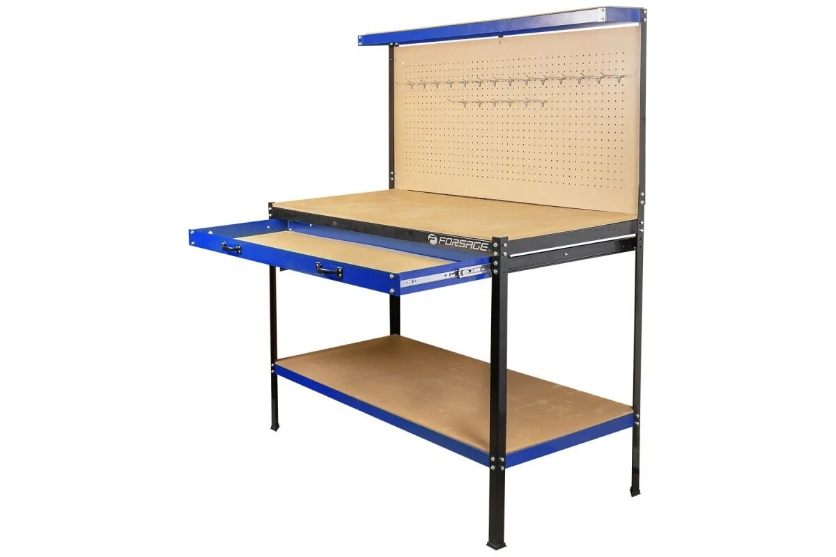 Forsage Верстак слесарный (1550х1200х600мм,600х1200-столешница, нагрузка:120кг-столешница,80кг-полка,20кг-выдвиж. полка) F-01Y0320(54220)