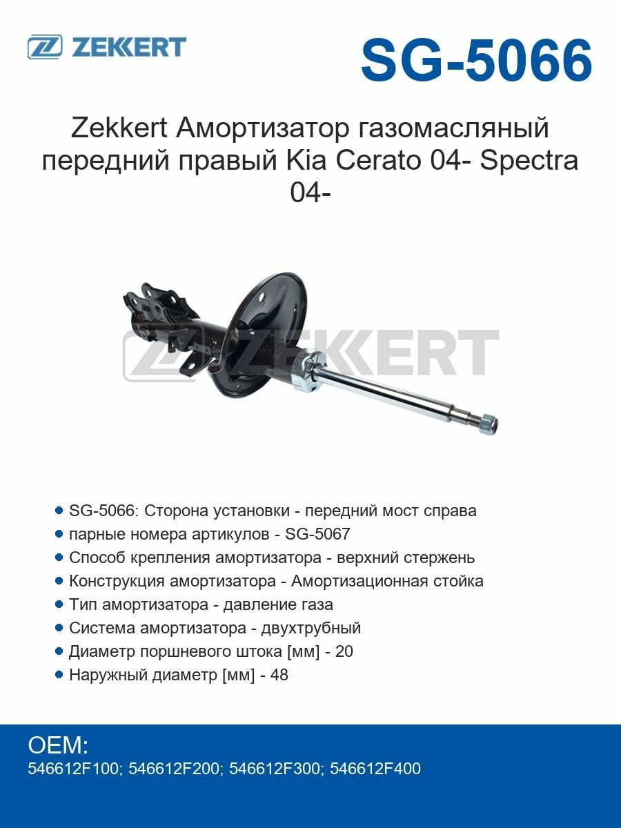 Zekkert Амортизатор газомасляный передний правый Kia Cerato 04- Spectra 04-