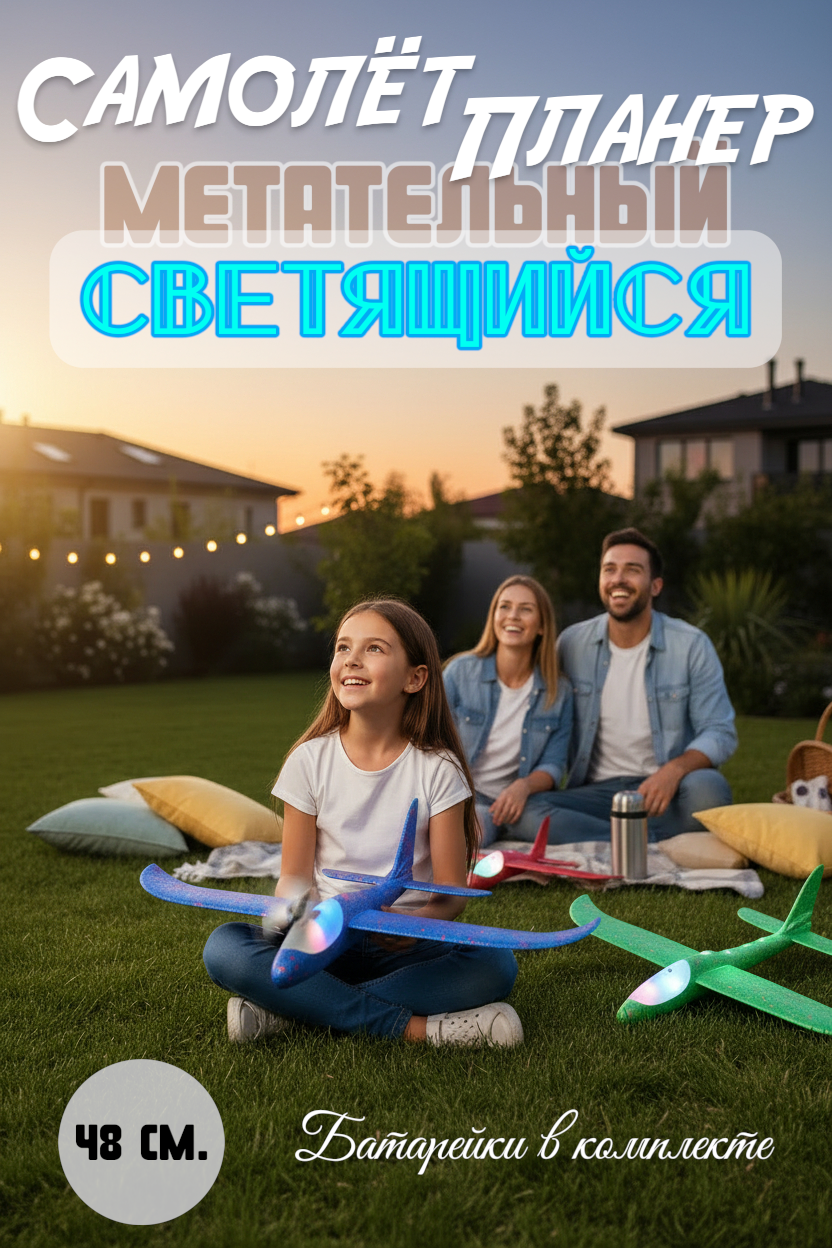 Самолет планер "Zhorya", пенопласт, подсветка, батарейки в комплекте,