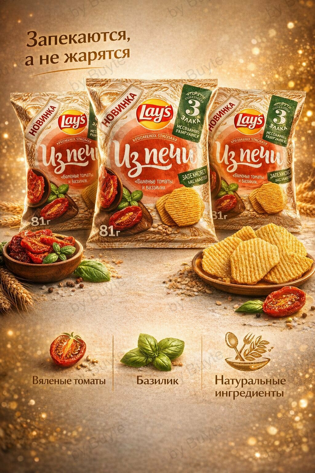 Чипсы запеченные картофельные Lay's/ Лейс Из печи картофельно-злаковые Вяленые томаты-базилик, 3 по 81г