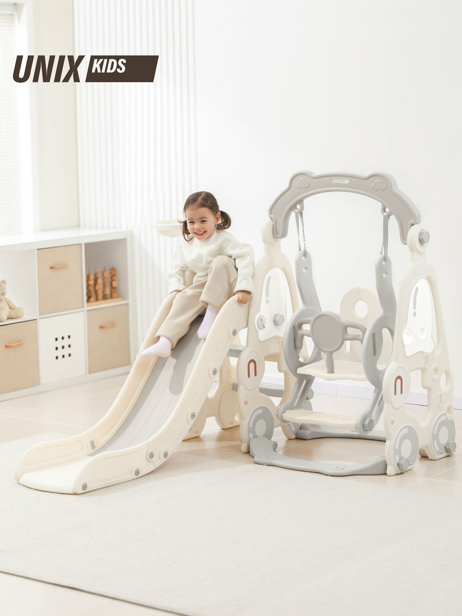 Горка детская с качелями UNIX Kids Car Grey пластиковая, игровой комплекс 2 в 1, для дома и улицы