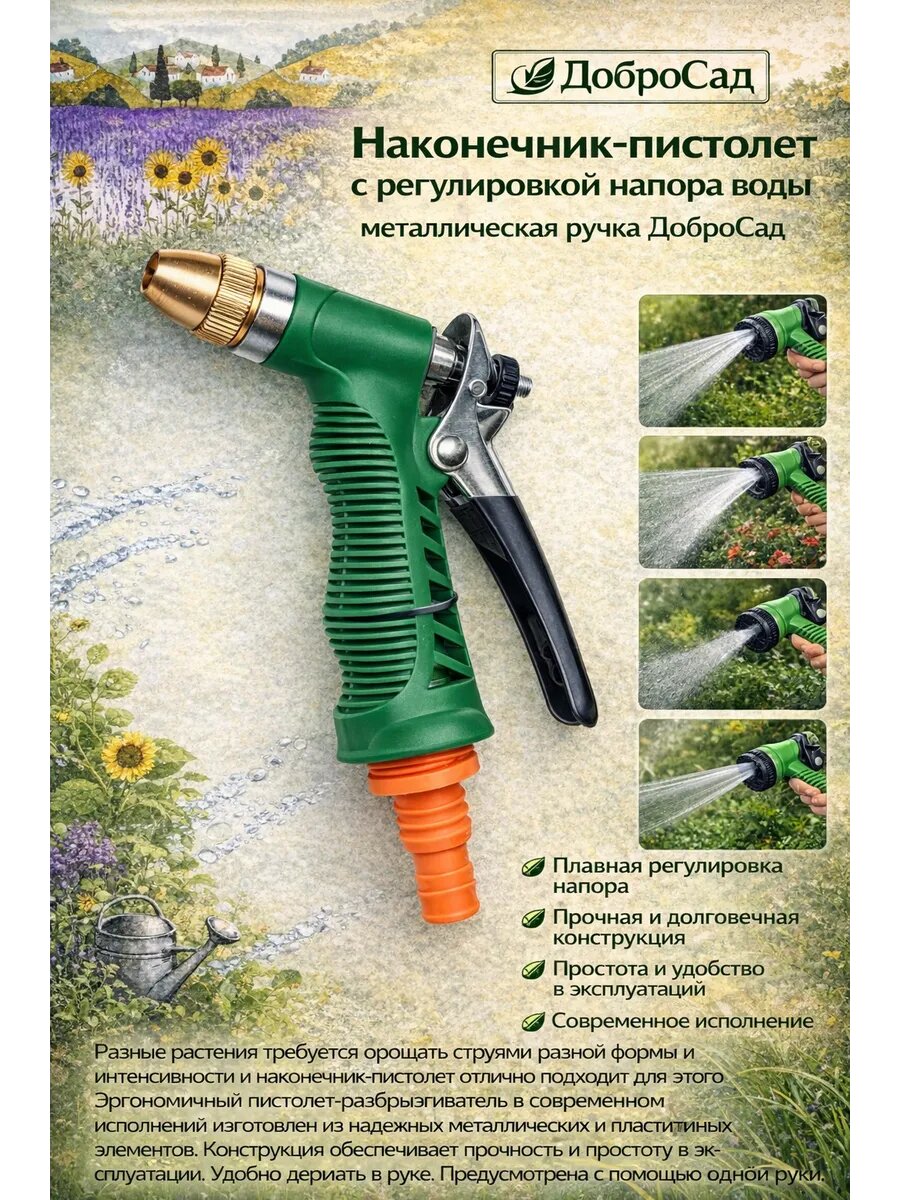 Наконечник-пистолет ДоброСад, эргономичный, плавная регулировка, металлический, зеленый