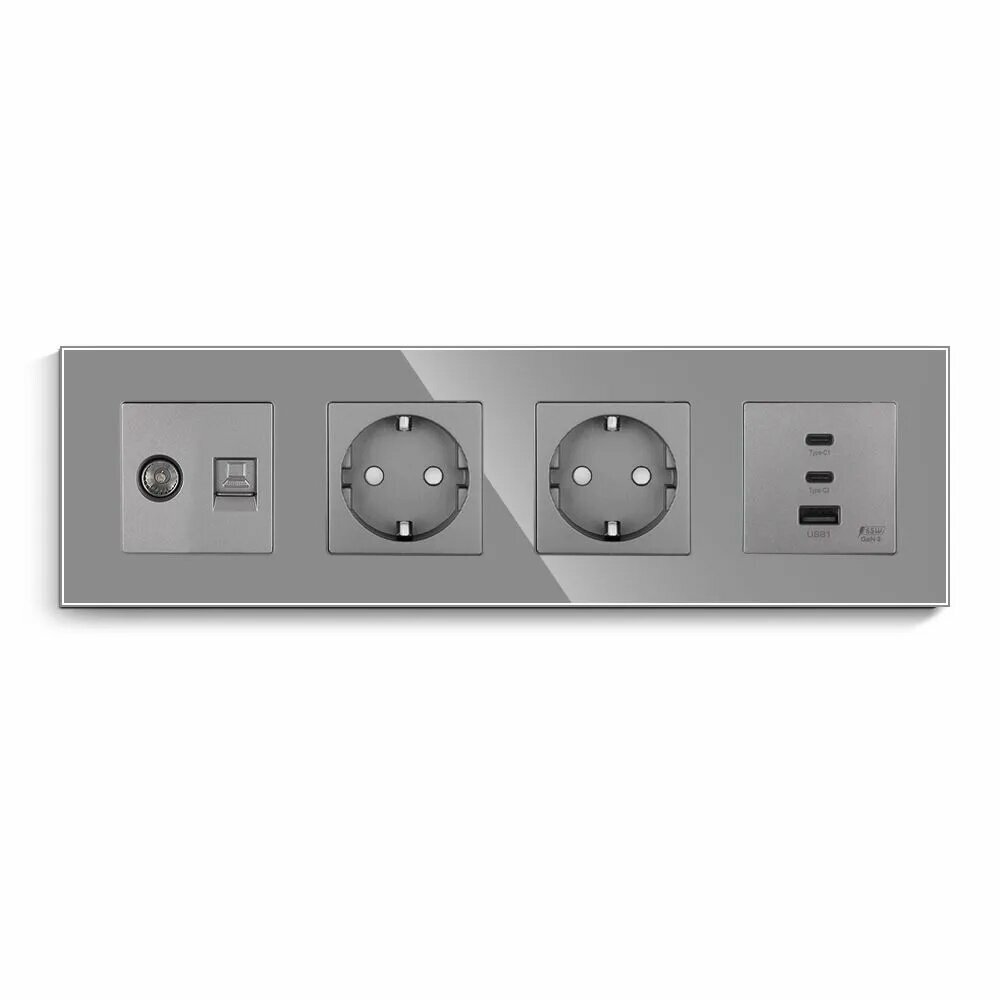 Розетка 4 поста с RJ45 интернет cat6/тв , с Usb/Type-C , 65W 250В /16А, рамка стекло, цвет серый